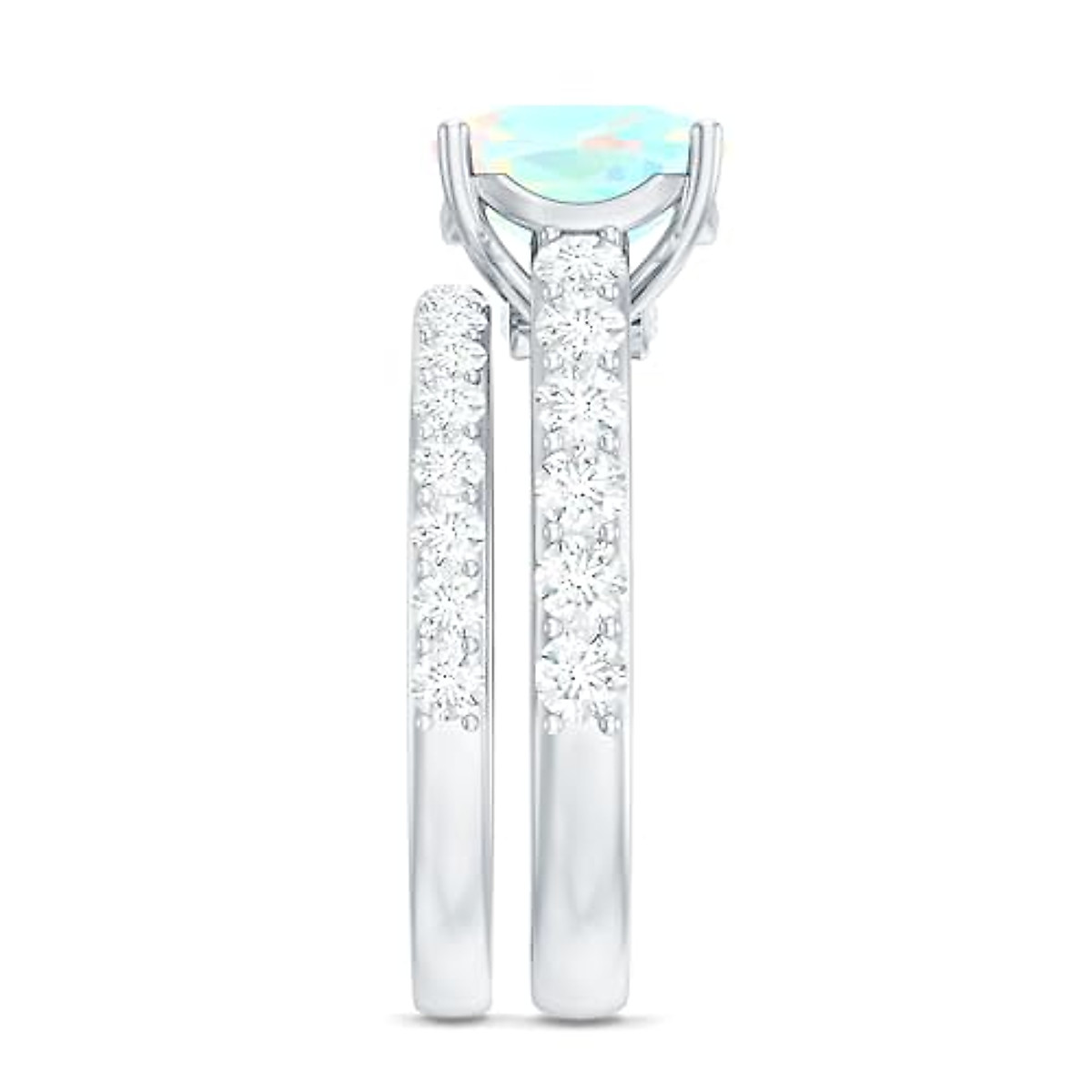 Certified Opal Wedding Ring Set, AAA Quality, Natural 8mm Cushion Cut Opal Engagement Ring with Moissanite Enhancer, 14K White Gold, Size:US 10.00