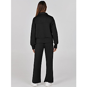 ANRABESS Womens Two Piece Outfits 2024 Fall Sweatsuit Set Half Zip Cropped Sweatshirt Wide Leg Sweatpant Lounge Set Black Medium