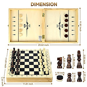 BremToy 4 in 1 Chess Sets-Wooden Chess & Checkers Set, Sling Puck and Nine Men's Morris Board Games for Kids Adult, Foldable & Portable Chess Board Set for Travel (12x12inch)