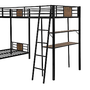 Cotoala Metal Triple Bunk Bed with Desk and Shelf, L-Shaped Bunkbed Attached Twin Size Loft Bedframe, for 3 Kids/Teens/Adults, Brown
