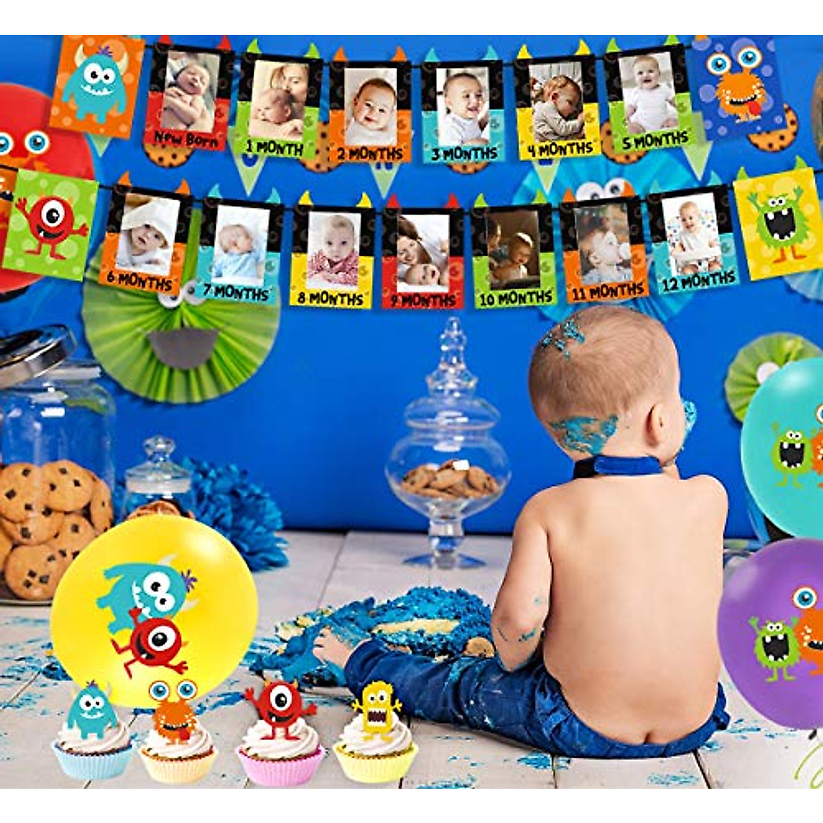 Monster 1st Birthday Decorations Kit - Monster Bash Photo Banner Balloons Cupcake Toppers for Little Monster Party Supplies