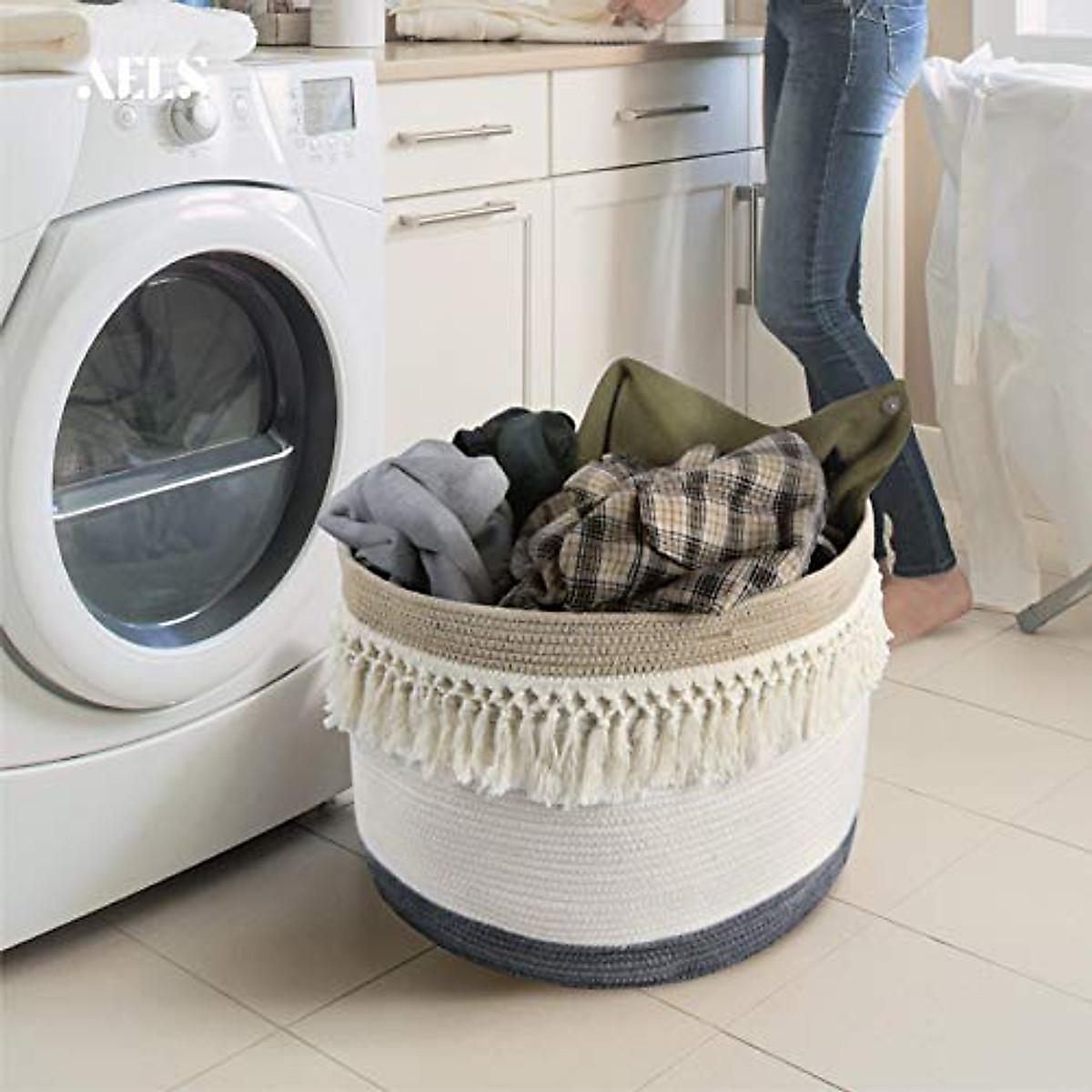 AELS XXXLarge 22"x22"x15" Rope Boho Basket Woven Baby Laundry Basket for Blankets Toys Storage Basket with Handle Comforter Cushions Storage Bins Thread Laundry Hamper-Brown White Gray 93 Liters