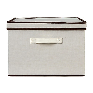 Household Essentials Square KD Storage Box With Lid, 15”x15”x10”, Breathable Canvas Sides With Sturdy Sides, Natural with Brown Trim