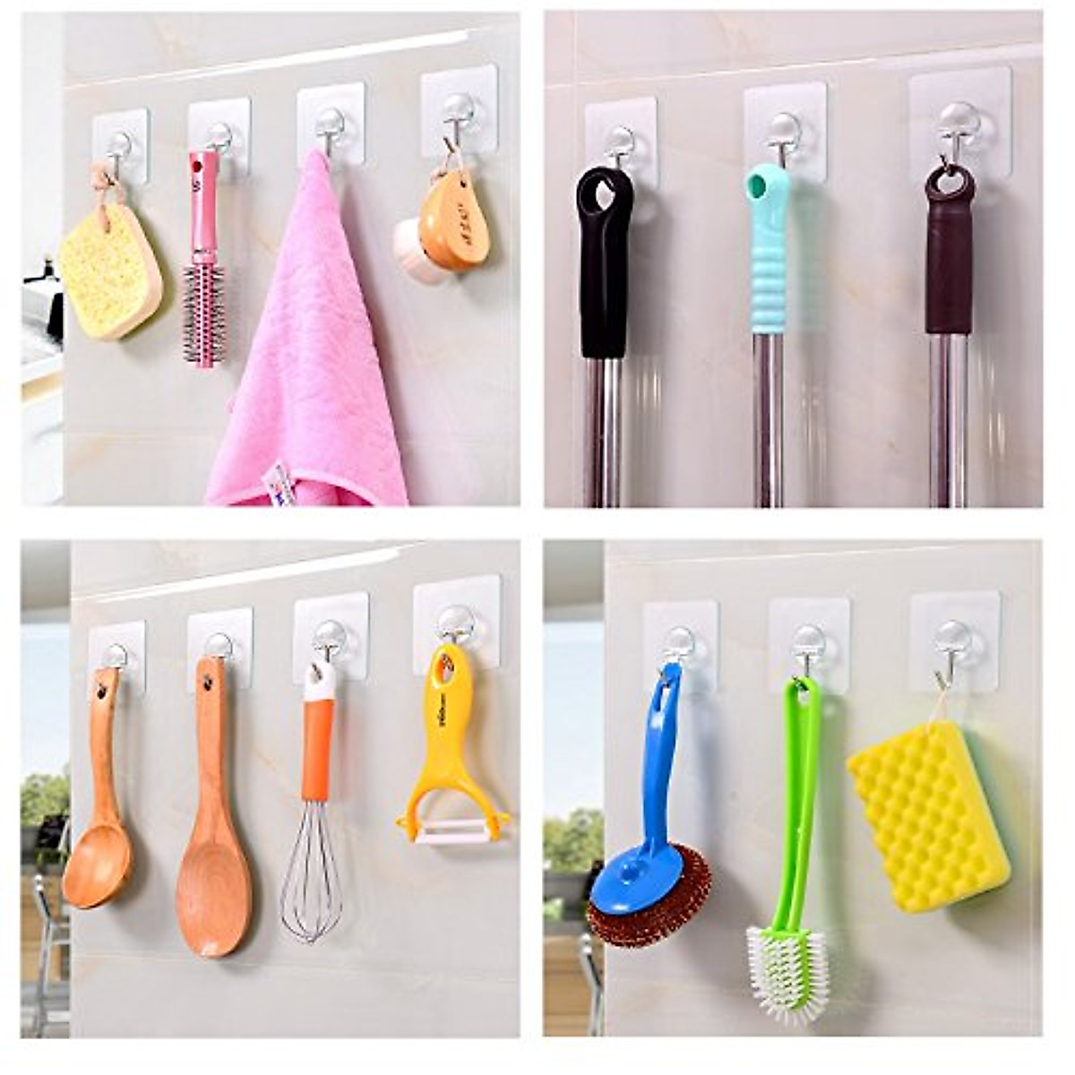 JOEONE Sticky Wall Hooks (Max: 15LB) - Powerful No Scratch Nail Free Transparent Reusable Wall Hooks for Towel Bathrobe Hats Clothes, Kitchen and Bathroom - Waterproof and Oilproof (10 Pack)