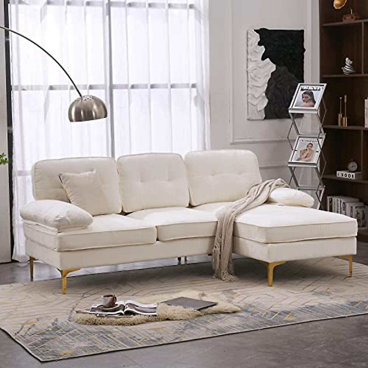 POULEII Sectional Sofa,Modern L-Shape Modular Sectional Sofa Sleeper Couch with Chenille Fabric and Gold-Plated Feet for Living Room, Apartment, Office,Creamy-White