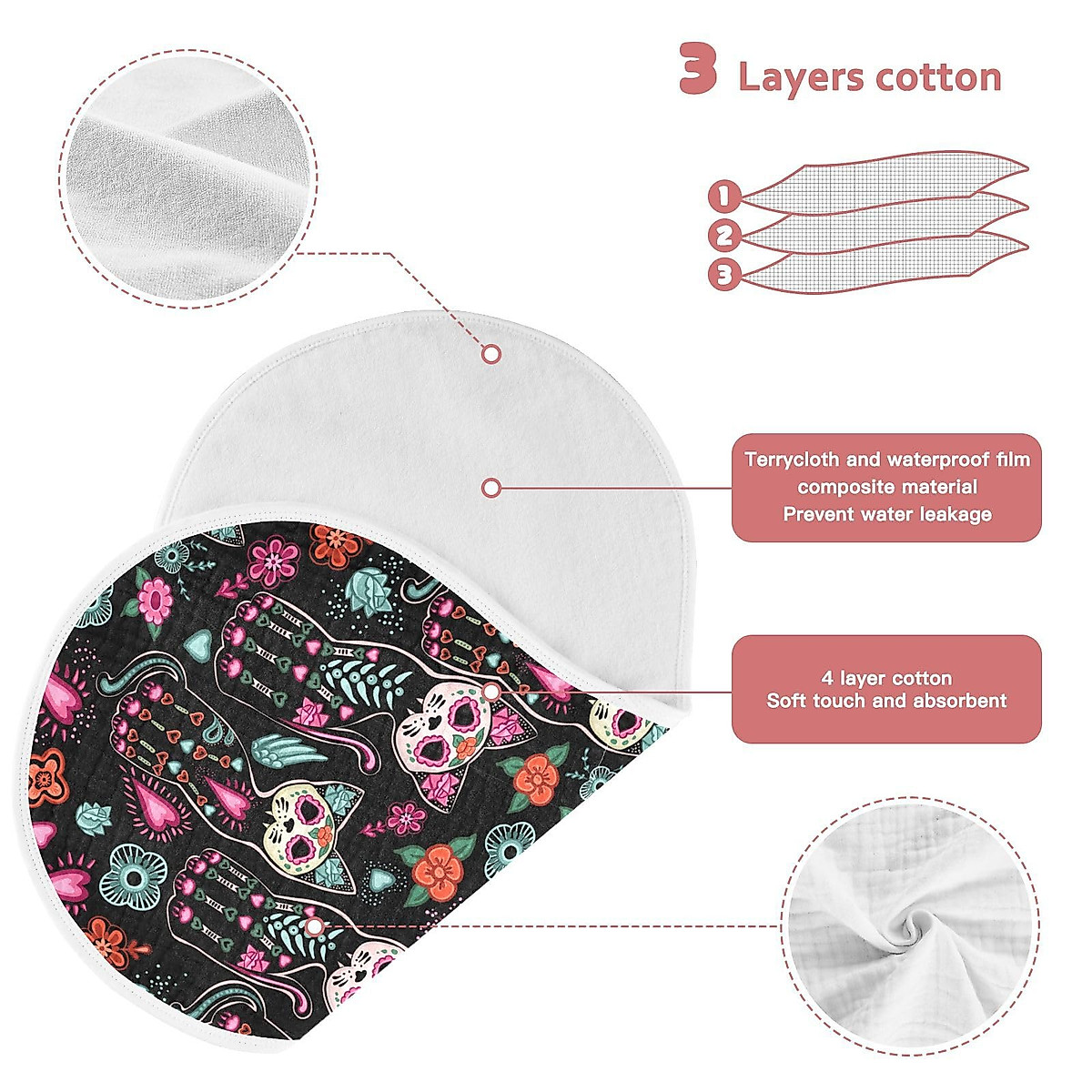 vvfelixl Baby Burp Cloths Cat Skeleton Sugar Skull Baby Newborn Cotton Burping Cloths Set Baby Washcloths 4 Pack Black