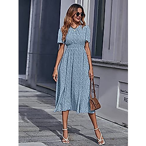 Floerns Women's Short Sleeve Boho Floral Dress A Line Smocked Midi Dress A Blue L