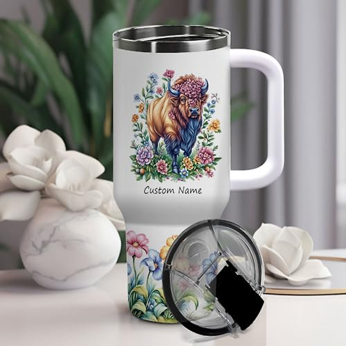 Custom Bison Lover Tumbler 40oz With Handle & Straw - Stainless Steel Travel Mug With Lid - Personalized Gift For Women, Girls - Cute Animal Present For Birthday, Christmas DpDL4W