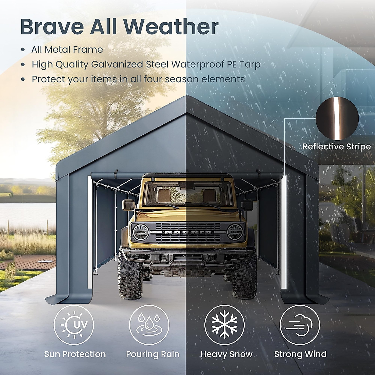 PHI VILLA 13'x24'x9.6' Outdoor Portable Storage Shelter Shed Garage with Roll up Zipper Doors & Vents Carport for Motorcycle Waterproof and UV Resistant Anti-Snow Portable Garage Kit Tent, Gray