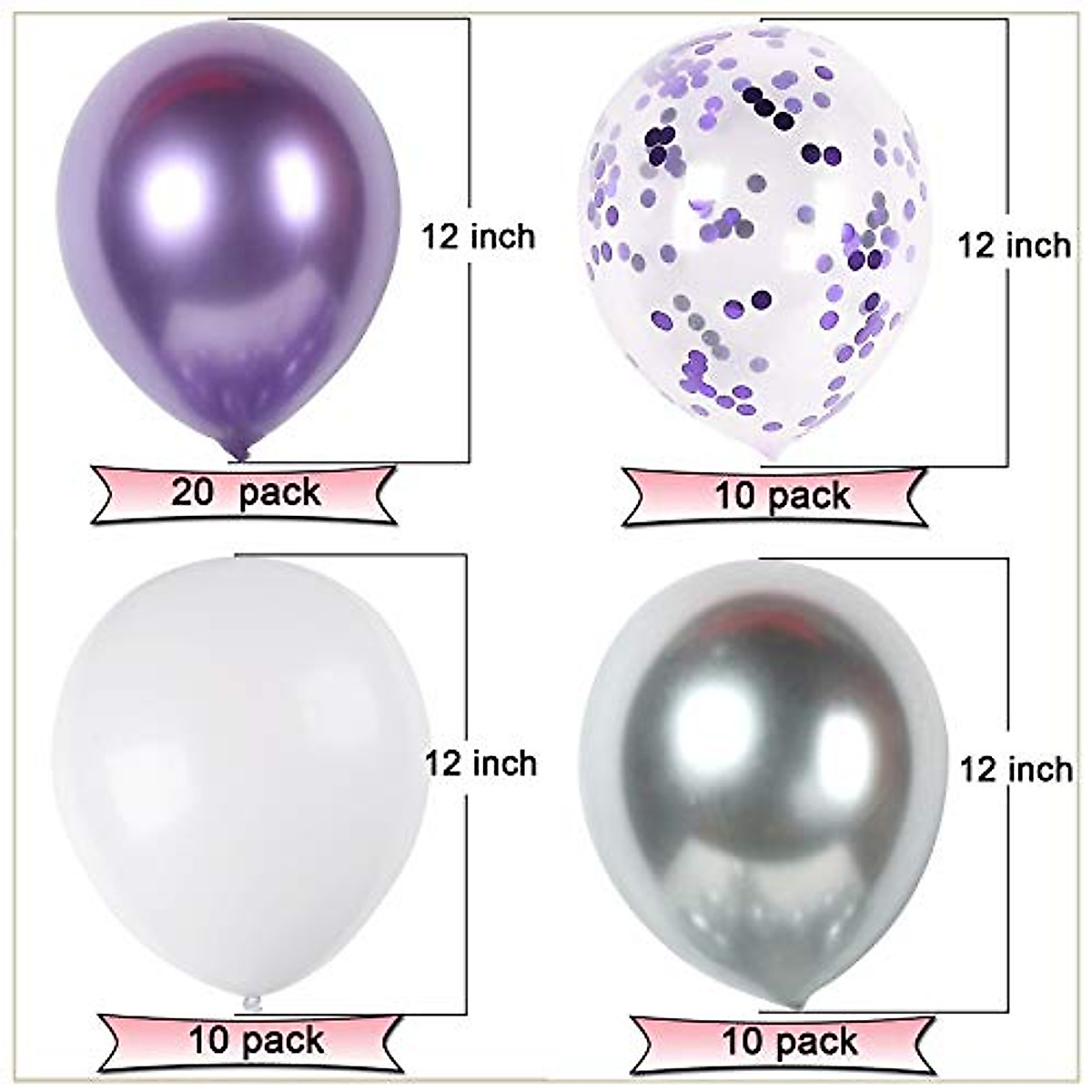 Purple, silver metal balloons and white balloons with purple confetti balloons, each pack of 50 12-inch party balloons birthday, wedding party decoration.