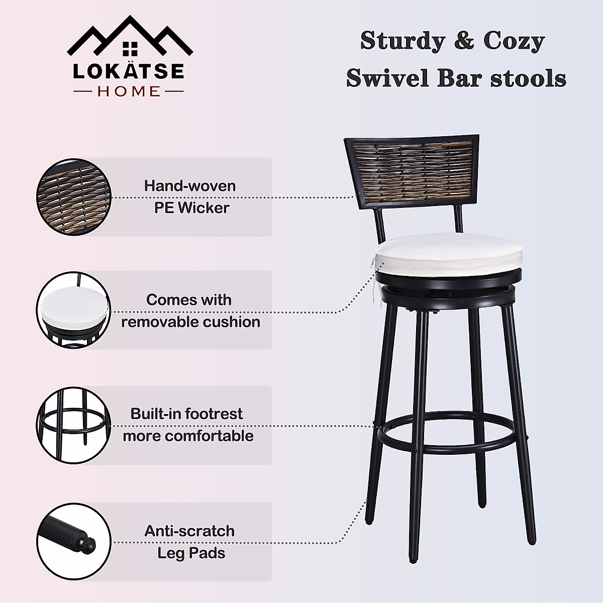 LOKATSE HOME 2 PCS Outdoor Swivel Barstools, Patio Bar Chairs with Wicker Back and Cushions for Backyard Deck Lawn Garden