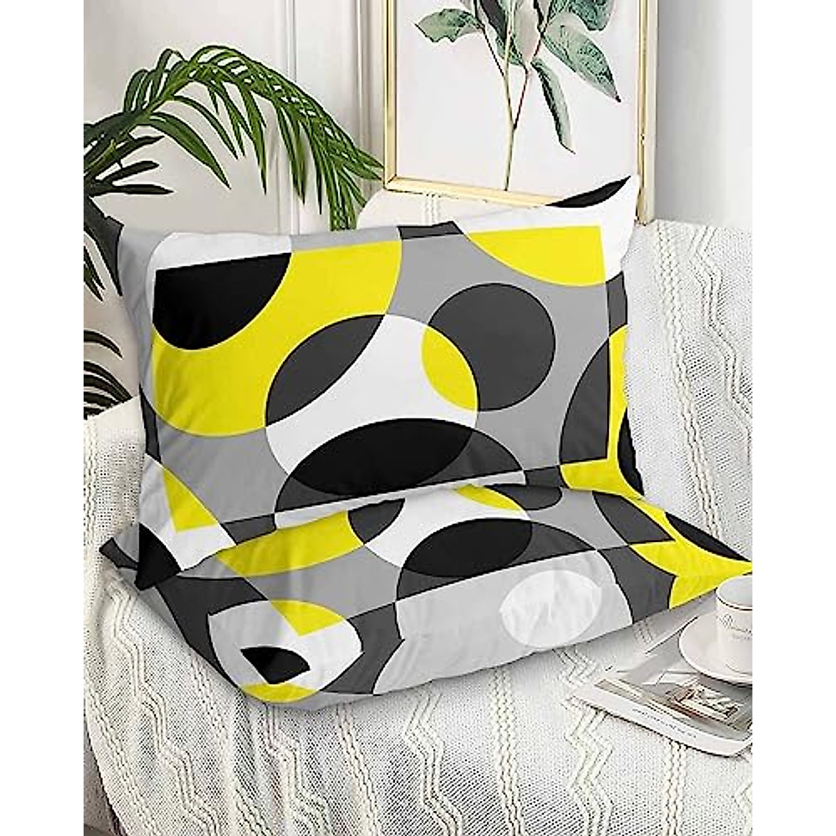 Yellow Black Grey Pillow Covers Standard Size Set of 2 Bed Pillow, Modern Geometric Abstract Art Aesthetics Plush Soft Comfort for Hair/ Skin Cooling Pillowcases with Envelop Closure 20''x26''
