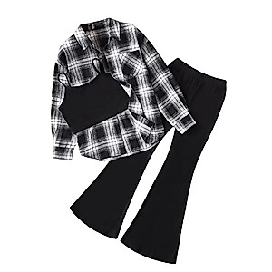 Floerns Girls 3 Piece Outfits Bell Bottom Outfit Cami Top and Flare Pants Set with Plaid Print Shirt Black and White 10Y