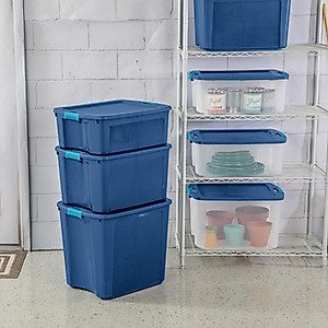 Sterilite 18 Gal Latch and Carry, Stackable Storage Bin with Latching Lid, Plastic Tote Container to Organize Closets, Blue with Blue Lid, 6-Pack