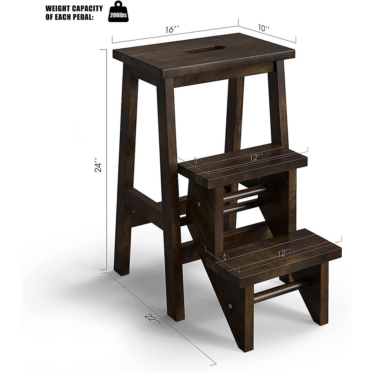 GLACER 3-Tier Folding Step Stool, Portable Wood Step Ladder for Adults & Kids, 3-in-1 Storage Shelf Flower Rack Foot Stool, Ideal for Home, Kitchen, Library (Brown)