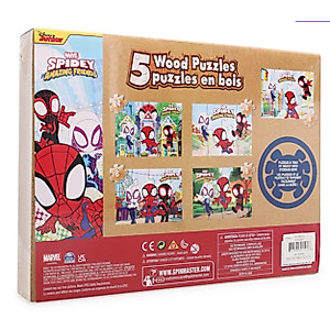 Disney Junior Marvel Spider-Man Spidey Amazing Friends - Set of 5 Wood Puzzles with Storage Box for Kids - Ages 4 and Up