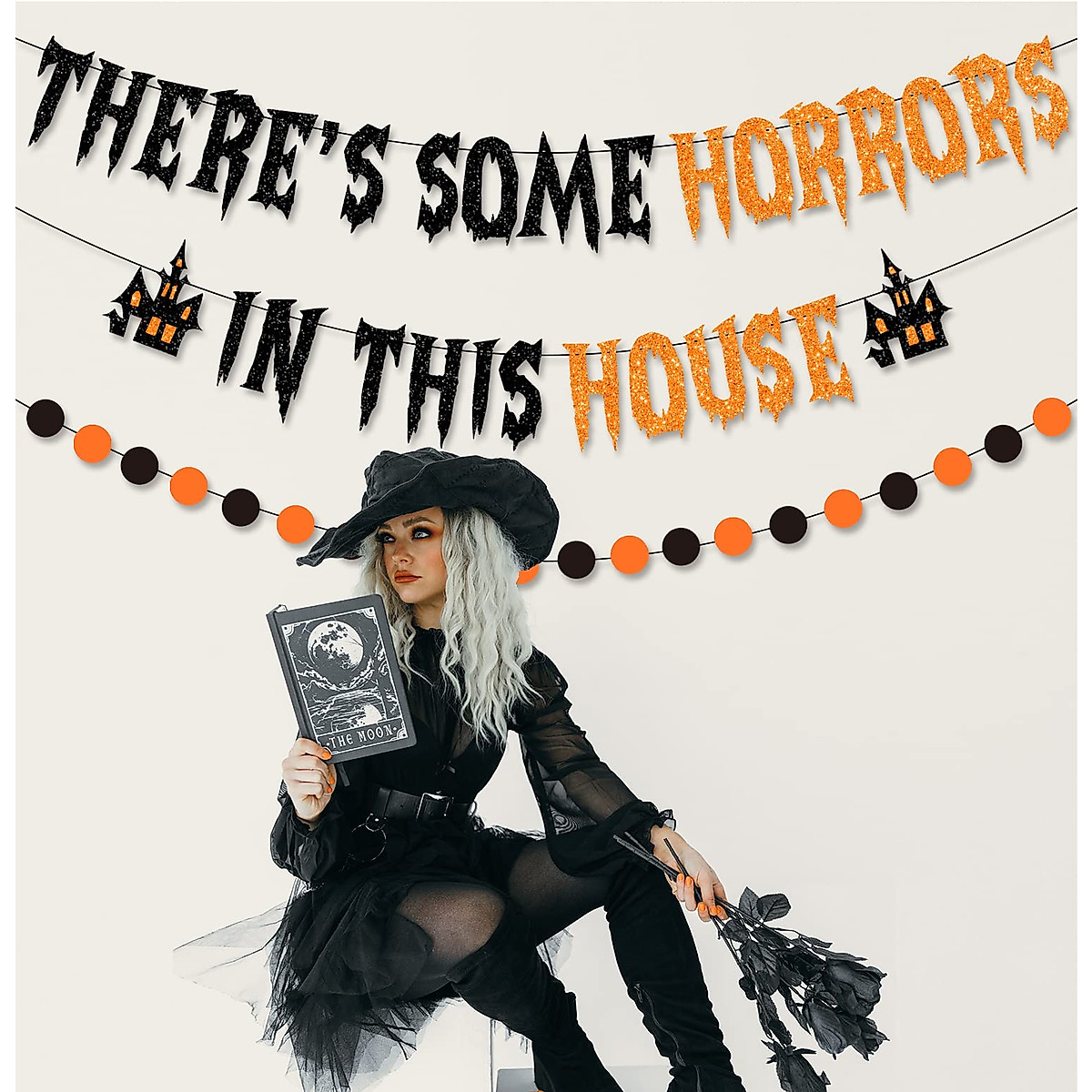 PTFNY There's Some Horrors In This House Banner Halloween Party Decorations Glittery Halloween Garland Banner with Haunted House Signs Halloween Circle Dots Banner for Haunted Houses Home Decorations