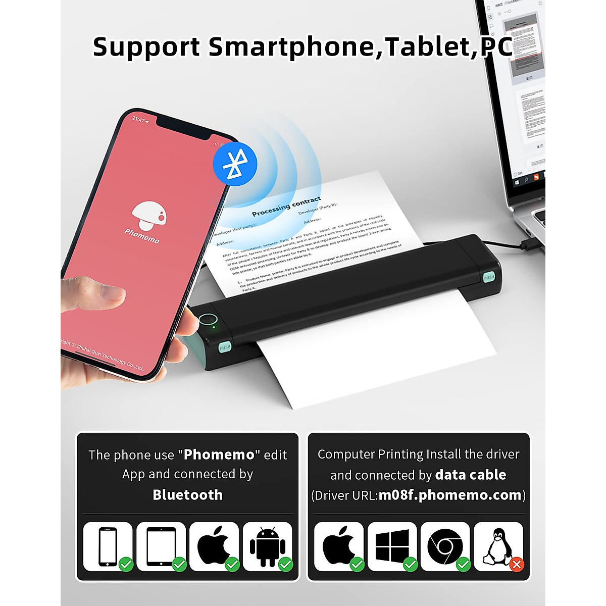 Phomemo Portable Printer Wireless for Travel & US Letter Folding Thermal Paper Size 8.5" x 11",100 Sheets, Inkless Thermal Compact Printer, Compatible with Android and iOS Phone & Laptop