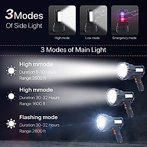 Rechargeable Spotlight, 10000 Lumens Led Spot Lights, Super Bright Handheld Flashlight with 10000mAh Power Bank&Warning Lamp, IP65 Waterproof Outdoor Searchlight Camping Hunting