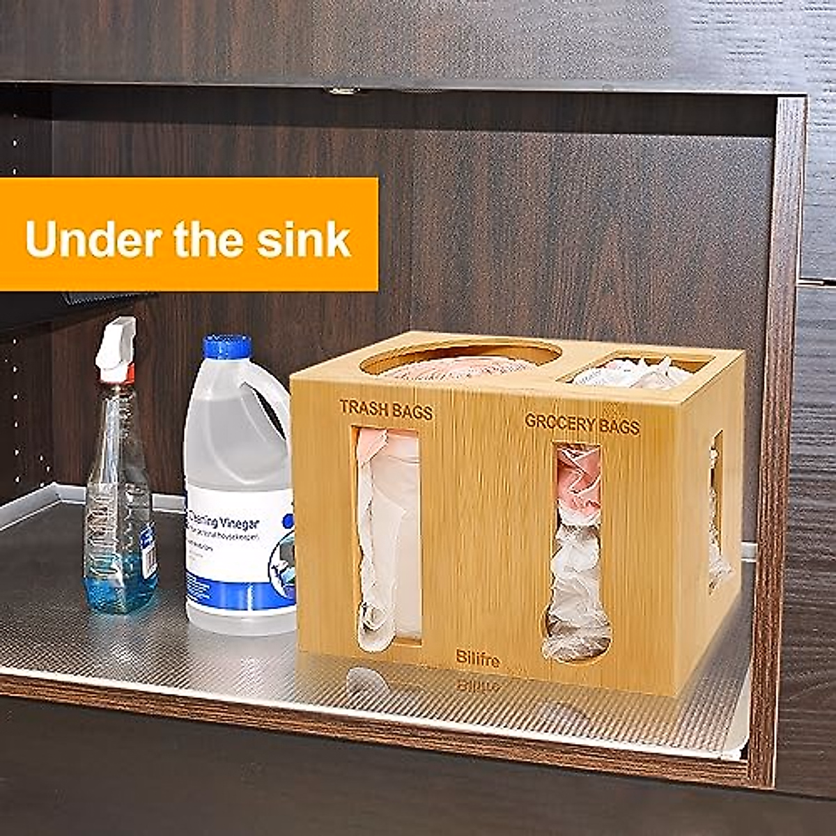 Bilifre 2-in-1 Extra Large Trash Bag and Grocery Bag Storage Dispenser, Fit Large Garbage Bag Roll, Kitchen Wall Mount Bamboo Plastic Bag Saver (Extra Large)