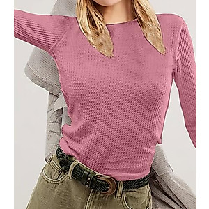 SAFRISIOR Women Casual Waffle Knit Crew Neck Top Patchwork Stitching Asymmetric Hem Long Sleeve Slim Fit T-Shirt Tee Shirt Pink Purple