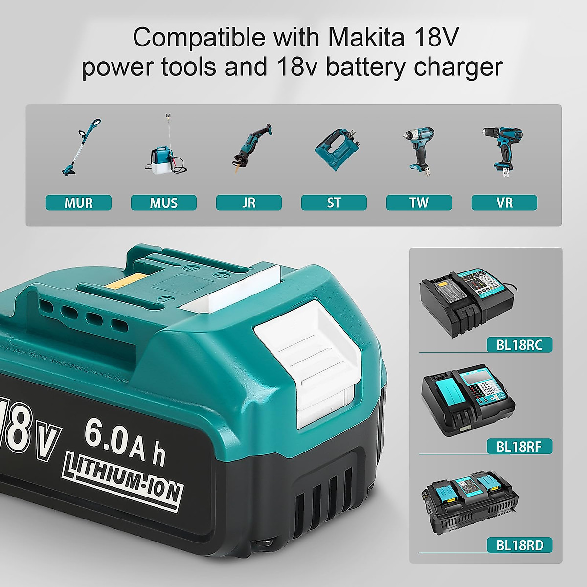 YongerTool BL1860 18V 6.0Ah Battery and Charger for Makita,New Version DC18RC Charger with LCD Display Cooling Fan Compatible with LXT Li-ion Battery BL1850 BL1840 BL1830 BL1820 BL1815