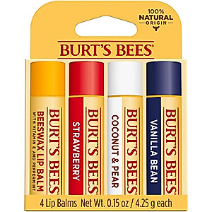 Burt's Bees Lip Balm Easter Basket Stuffers, Moisturizing Lip Care Spring Gift, for All Day Hydration, 100% Natural, Original Beeswax, Strawberry, Coconut & Pear & Vanilla (4 Pack)