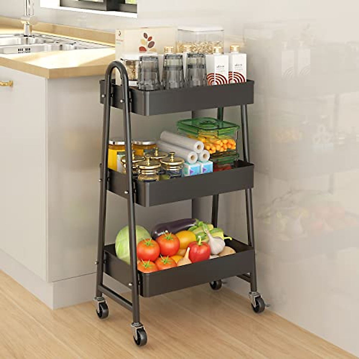 Wisdom Star 3 Tier Utility Rolling Cart, Heavy-Duty Mesh Storage Cart with Locking Wheels, Metal Mobile Trolley Cart for Home, Kitchen, Bathroom, Office，Black