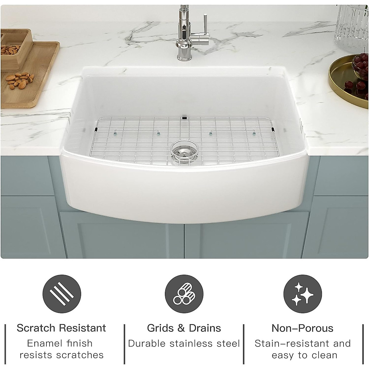 Lordear 30 White Farm Sink 30 inch Farmhouse Sink White Fireclay Ceramic Porcelain Curved Apron Front Single Bowl Farm Kitchen Sink Basin