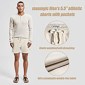 maamgic Mens Athletic Gym Shorts 5.5" Elastic Waist Casual Pajama Pocket Jogger Men Workout Short Pants Ivory