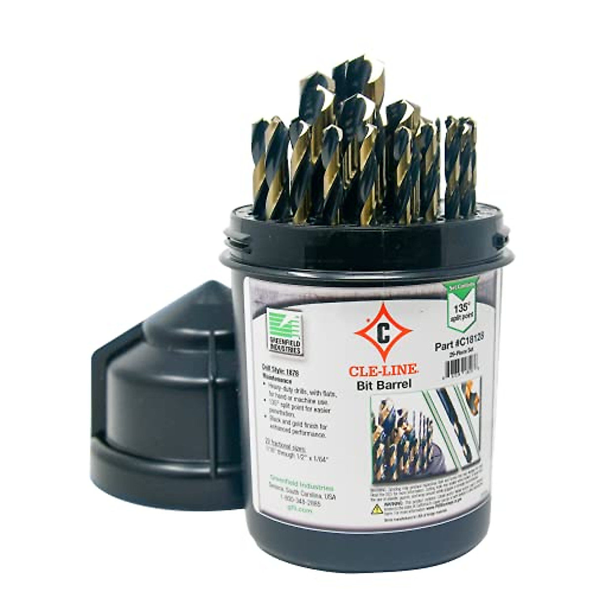 Cle-Line C18128 Bit Barrel Style 1878 High Speed Steel Jobber Length Drill Set, Black and Gold Finish, 1/16" - 1/2" Size, 29 Pieces