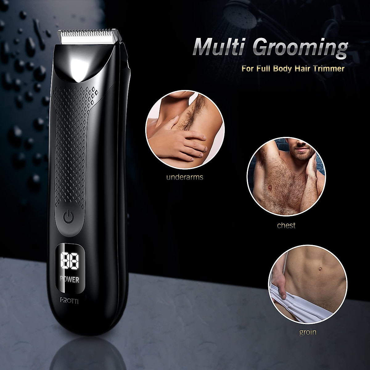 protti Body Trimmer for Men, Electric Groin Hair Trimmer, Waterproof Wet/Dry Clippers, Rechargeable Ball Shavers with Replaceable Ceramic Blade Heads, Recharge Dock, LED Light, 120 Min Battery Life