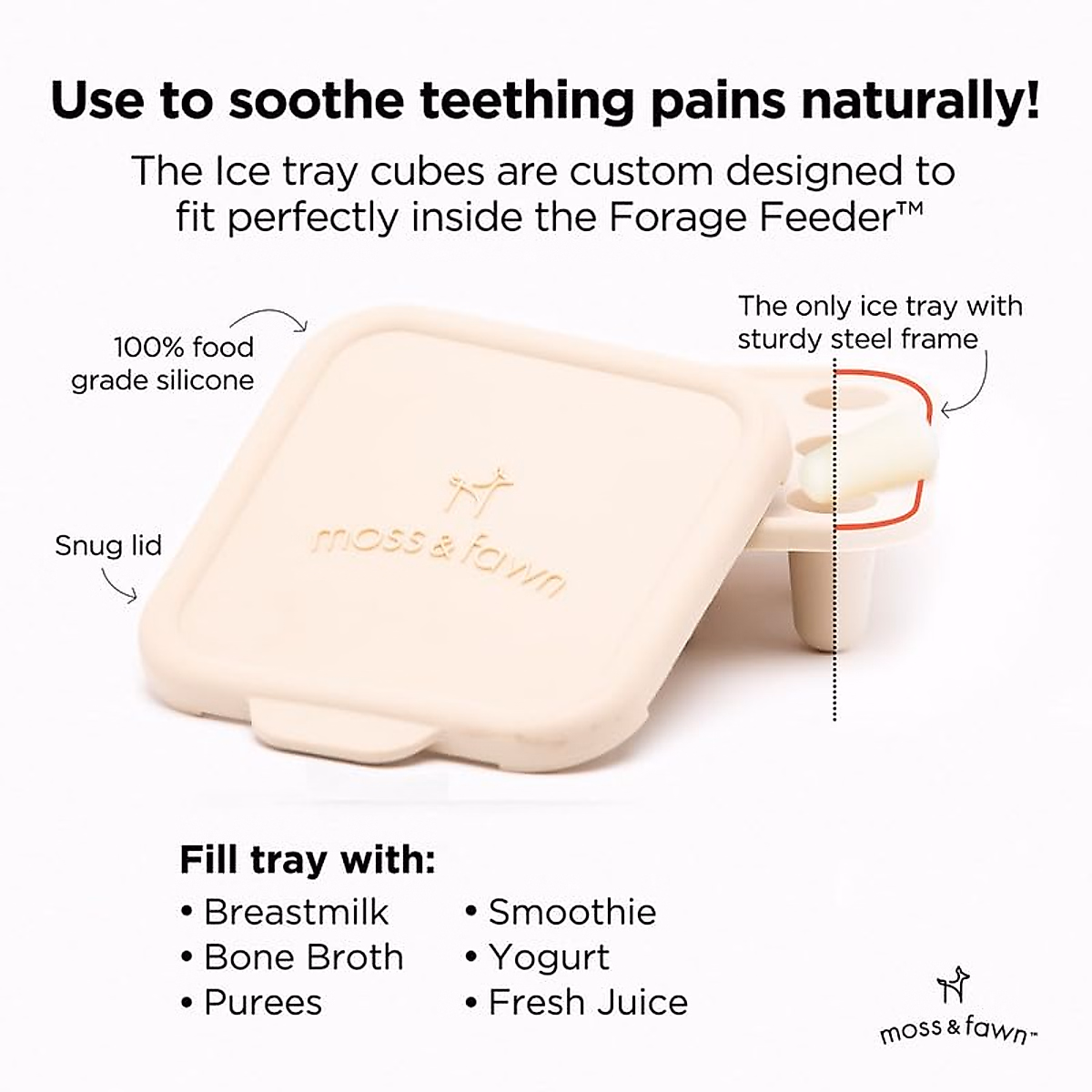 Moss and Fawn Baby’s First Bites Starter Kit – Ice Cube Tray, Forage Feeder, Freezer Mold & Pacifier Feeder – Milestone Magnet for Food Tracking & Feeding Tips – Baby Food Prep Essentials - Ecru