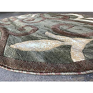 Modern Round Area Rug Contemporary Sage Green & Brown Floral Tropical Design 525 (4 Feet X 4 Feet)
