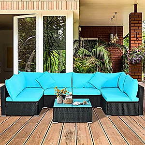 HAPPYGRILL 7-Pieces Patio Furniture Set Outdoor Rattan Wicker Sectional Sofa Set with Cushions & Pillows & Coffee Table for Garden Lawn
