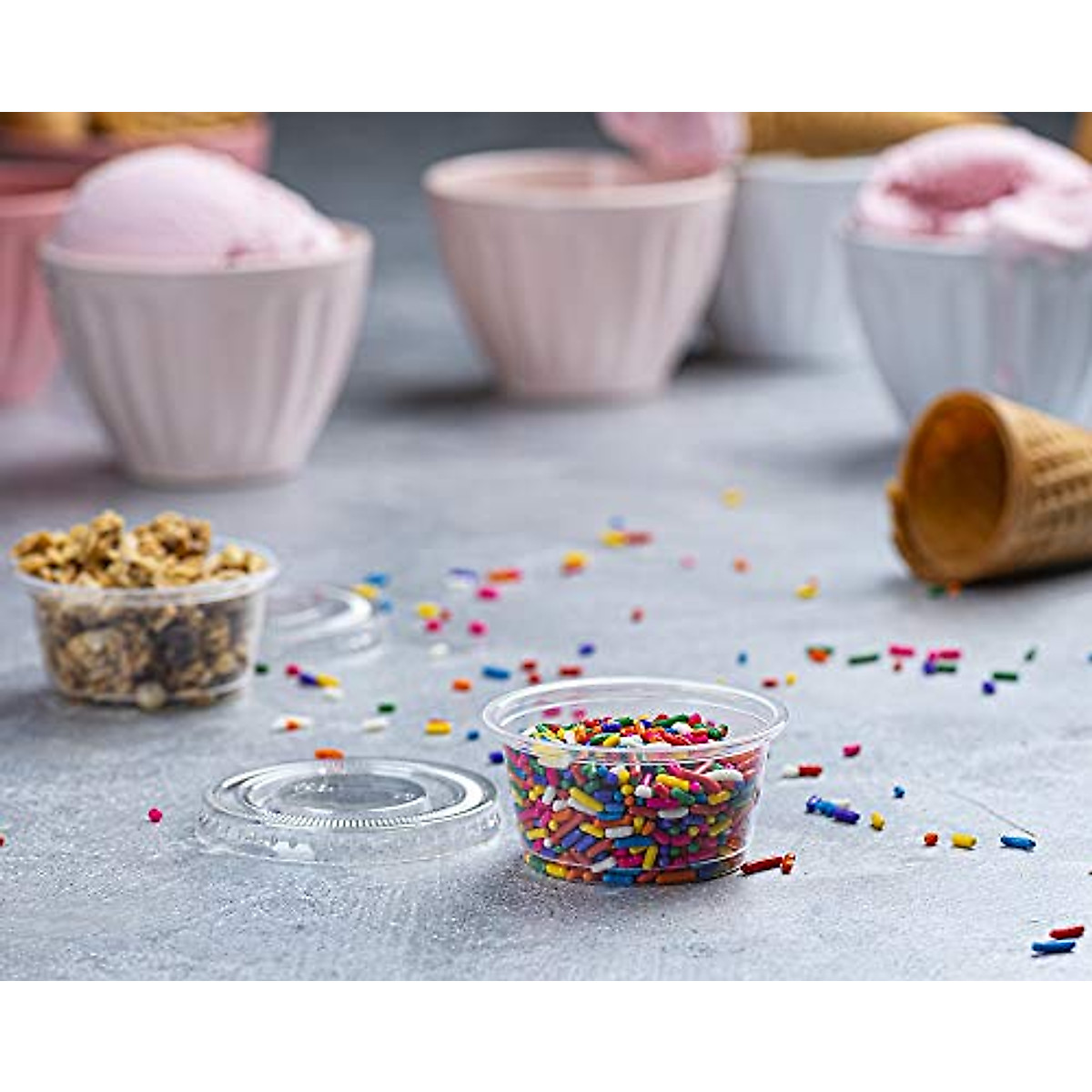 Plastimade Clear Disposable Plastic Portion Cups With Lids (200 Sets - 2 Oz) - Disposable Condiment Cups, Sauce/Dip/Dressing Cups, Souffle Cups & Jello Shot Cups With Lids | Great Sampling Container