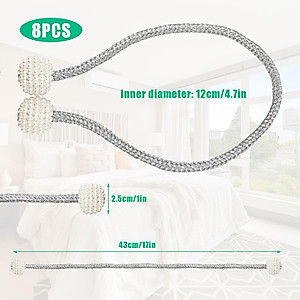 8pcs Magnetic Curtain Ties, Pearl Curtain Ties Decorative Rope Curtain Holder Holdbacks for Drapes Modern Curtain Holdbacks for Home Office Hotel Window Decorative(Grey)
