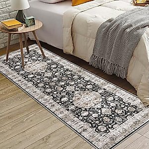 GlowSol Washable Rugs 2x6 Runner Rug Vintage Oriental Area Rugs for Bedroom Aesthetic Entryway Rug Black Rug Throw Rugs with Rubber Backing Distressed Carpet Kitchen Rugs Black 2'x6'