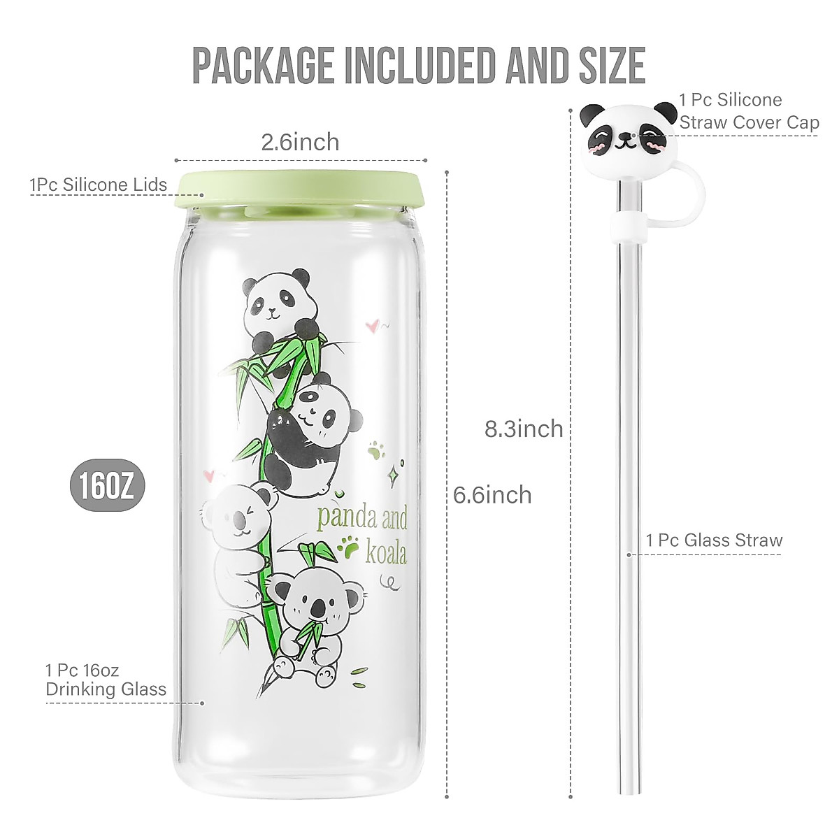 BEWAVE Drinking Glass with Straws, Silicone Lids and Straw Cover Cap, 16oz Can Shaped Glasses Cups, Iced Coffee Glasses, Beer Tumbler, for Whiskey, Soda, Tea, Juice, Gift, Panda, 1 Pack