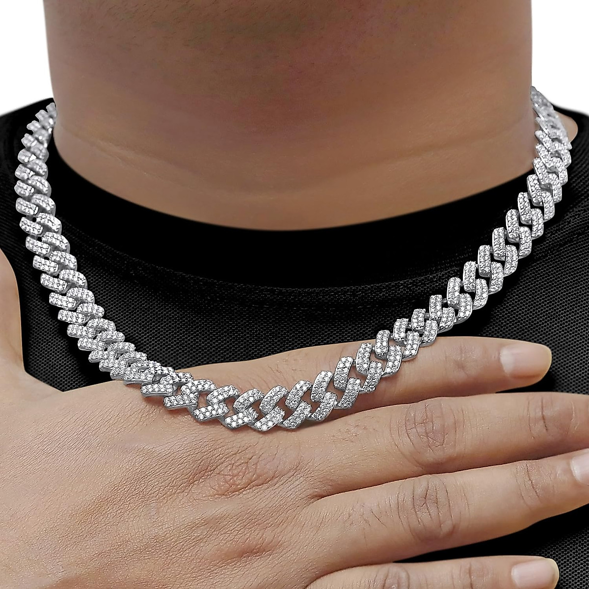 SAVEARTH DIAMONDS Certified 22 Carat Round Cut Lab Created Moissanite Diamond 12MM Width Cuban Chain Necklace in 14k White Gold Over Sterling Silver Necklace 20" Length,22.00 Cttw