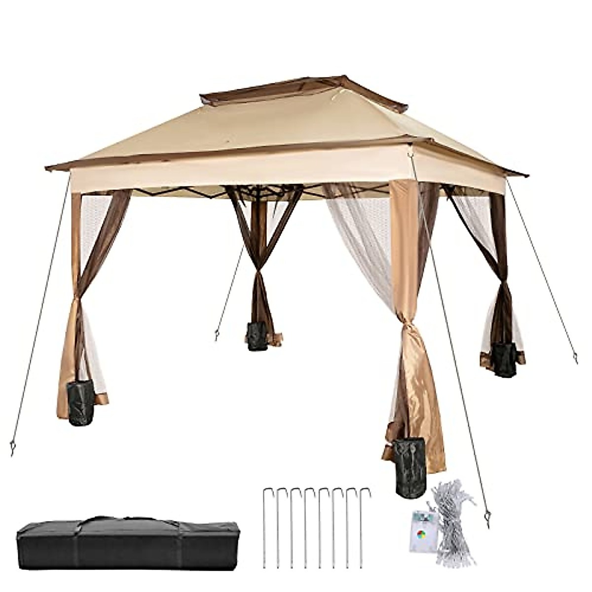 Happybuy Outdoor Canopy Gazebo Tent, Portable Canopy Shelter with 11'x11' Large Shade Space for Party, Backyard, Patio Lawn and Garden, 4 Sandbags, Carrying Bag and Netting Included, Brown