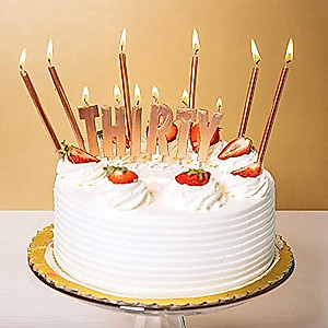 Cake Topper 30th Birthday with Thin Candles in Holders (Rose Gold, 30 Pack)