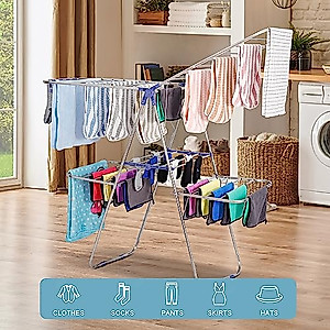 SUPER DEAL Clothes Drying Rack with Socks Clips, 2 Tier Gullwing Laundry Rack Adjustable and Foldable Wings for Easy Storage Heavy Duty Stainless Steel, Silver