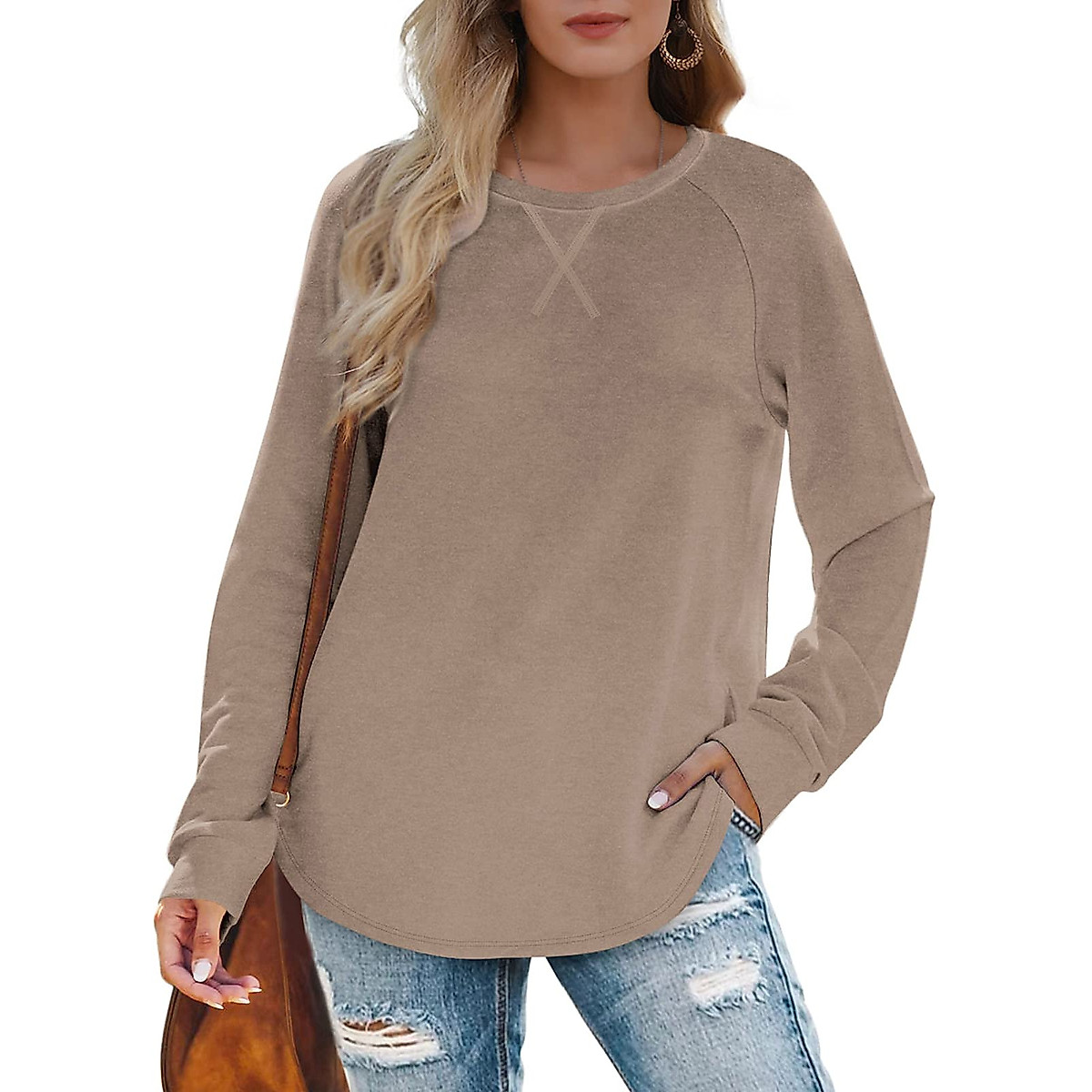 XIEERDUO Super Soft Sweatshirts For Women Cozy Pink Fall Shirt Long Sleeve Coffee Xxl