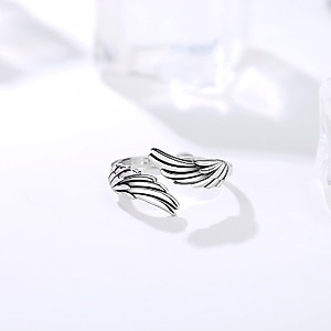 YLT 925 Sterling Silver Feather Angel Wings Ring Adjustable Dainty Wrap Open Thumb Rings for Women (6#7#8#9#, Oxidize)