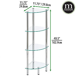 mDesign Modern Glass Corner 4-Tier Storage Organizer Tower Cabinet with Open Shelves - Display Furniture for Bathroom, Office, Bedroom, Living Room - Holds Books, Plants, Candles - Chrome/Clear