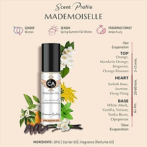 CA Perfume Impression of Mademoiselle For Women Replica Fragrance Body Oil Dupes Alcohol-Free Essential Aromatherapy Sample Travel Size Concentrated Long Lasting Attar Roll-On 0.3 Fl Oz/10ml