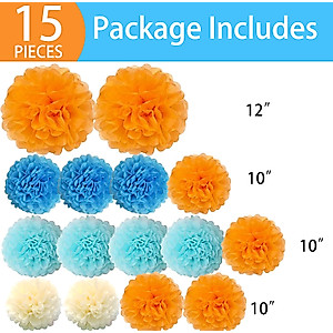 15PCS Light Aqua Blue Orange Party Hanging Paper Flowers Pom Poms Decorations for Backdrop Centerpieces Boys Girls Blue Dog Birthday Baby Shower Graduation Nursery Wall Décor