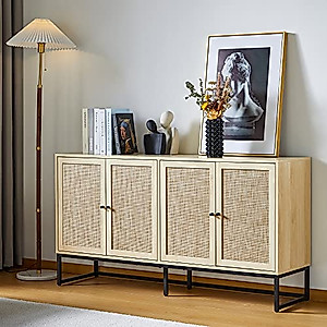 QEIUZON Modern Sideboard Cabinet, Accent Storage Cabinet with Rattan Doors and Adjustable Shelves, Freestanding Sideboard Storage Cabinet for Kitchen Dining Living Room Office (Natural)
