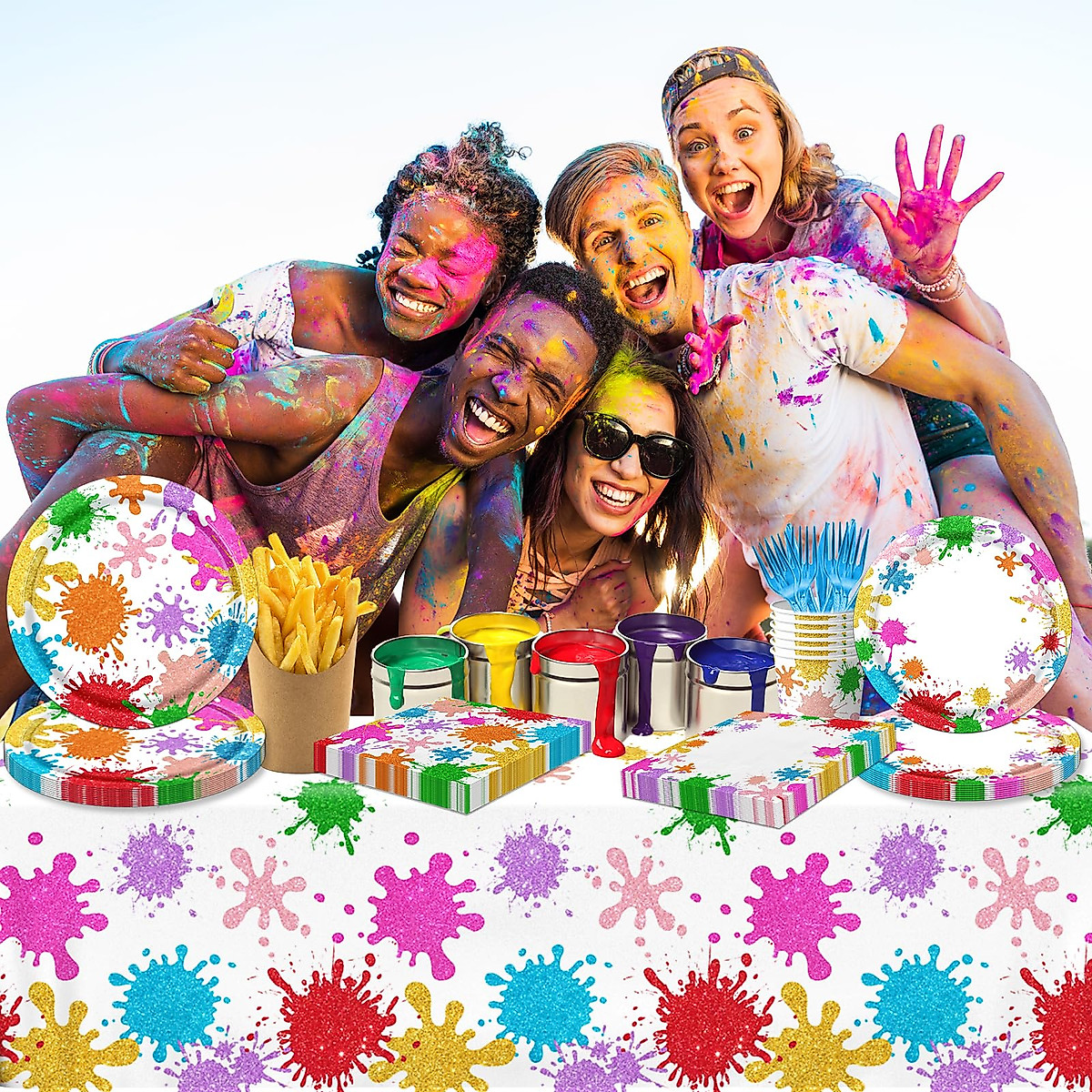 Paint Party Decorations 142Pcs Paint Splatter Party Supplies Tableware Set, Art Party Decorations Plates,Napkins,Cups,Tablecloth for Art Painting Party Supplies Birthday Baby Shower Decorations